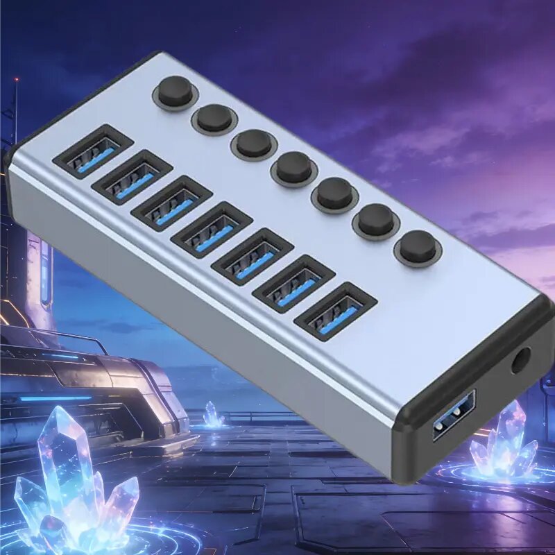 USB-разветвитель 10-в-1, 20 портов, с адаптером питания, алюминиевый корпус, серый