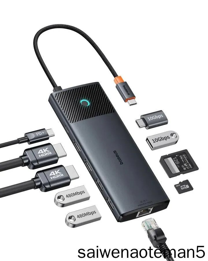 Baseus Док-станция для двух мониторов, 10 в 1 Док-станция с 2 портами HDMI, 10 Гбит/с USB C и USB A, Gigabit Ethernet, PD 100 Вт