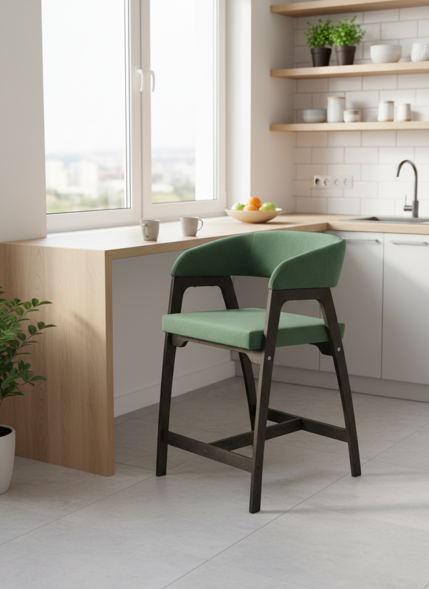 Полубарный стул мягкая посадка с подлокотниками и с мягкой спинкой, зеленый велюр + темные ножки 54х58х93 см