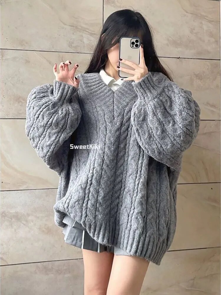 Свитер женский серый oversize вязаный свободный однотонный зимний теплый повседневный