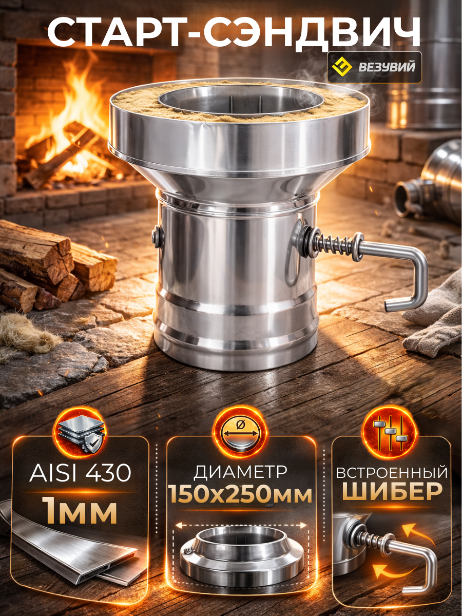 Старт-сэндвич c шибером для дымохода из нержавеющей стали (AISI 430 1,0мм) д.150х250 (ММ)