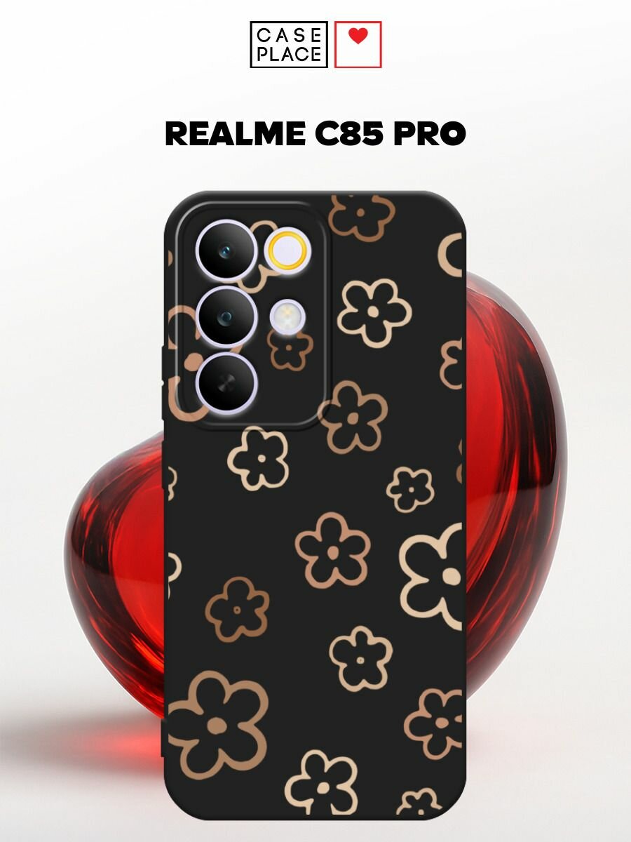 Черный матовый чехол на Realme C85 Pro / Реалми C85 Про с принтом Цветы контур