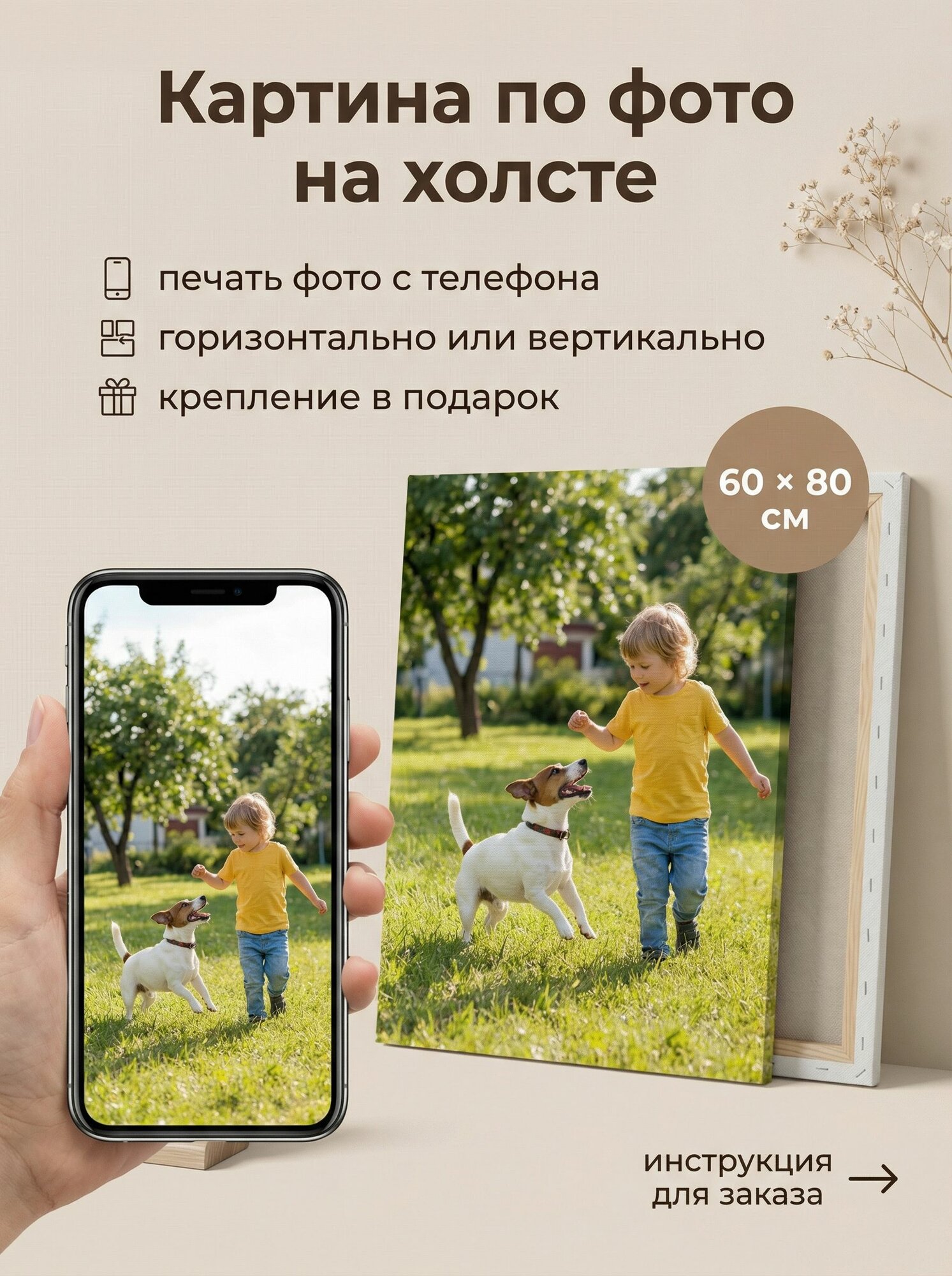 Картина по фото на холсте на заказ, фотохолст на подрамнике (60/80 см), портрет, подарок с фото