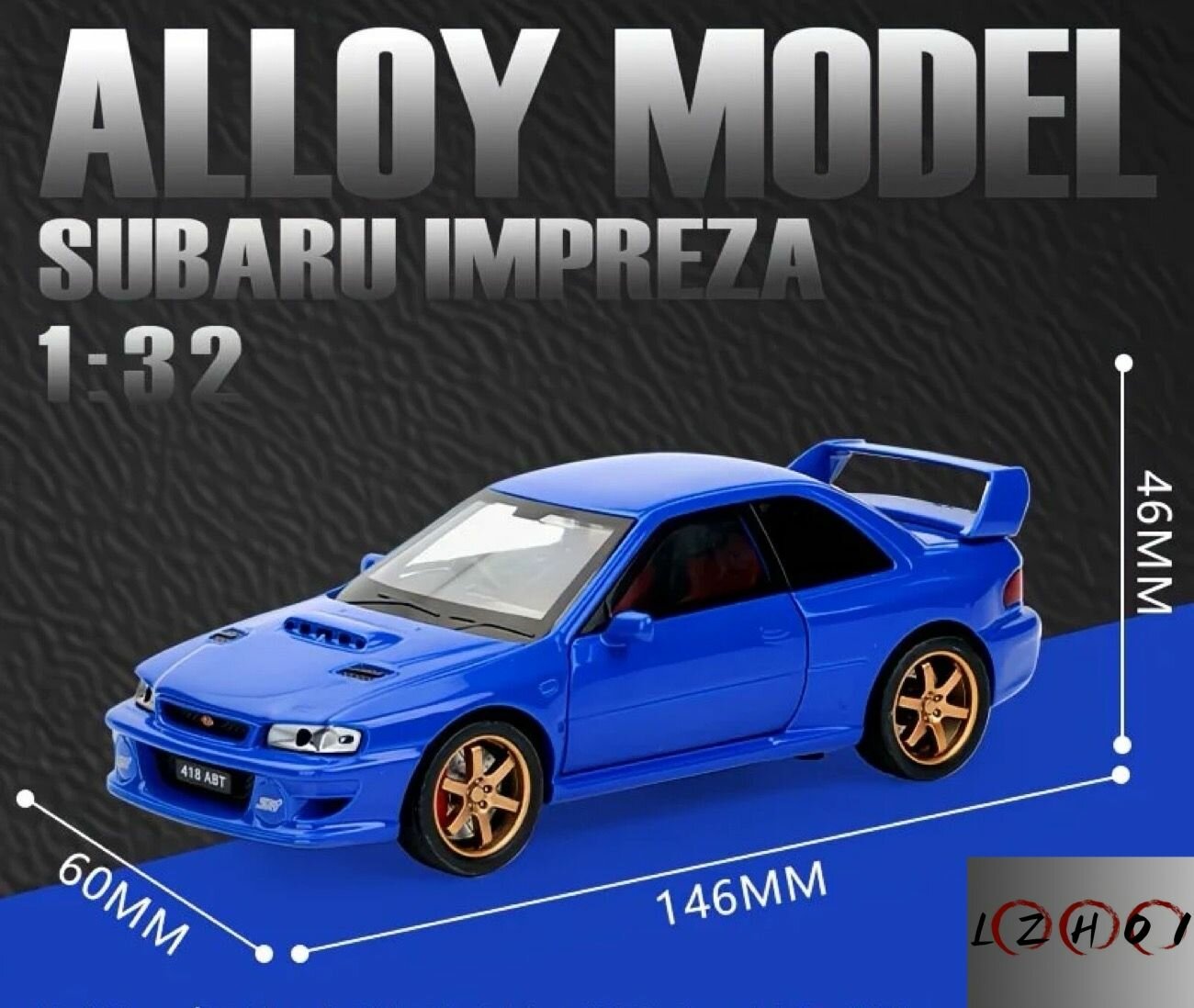 Модель спортивного автомобиля Subaru Impreza WRX STi с алюминиевым кузовом, световыми и звуковыми эффектами, четырехколесной подвеской, трехпозиционным переключателем и открывающимися дверями