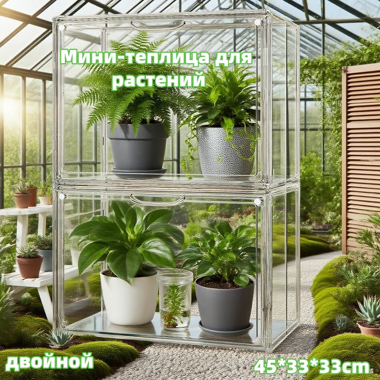 Мини-тепличка сборная, пластиковая с дверцей и съемной полочкой 0,45м*0,33м*0,33м