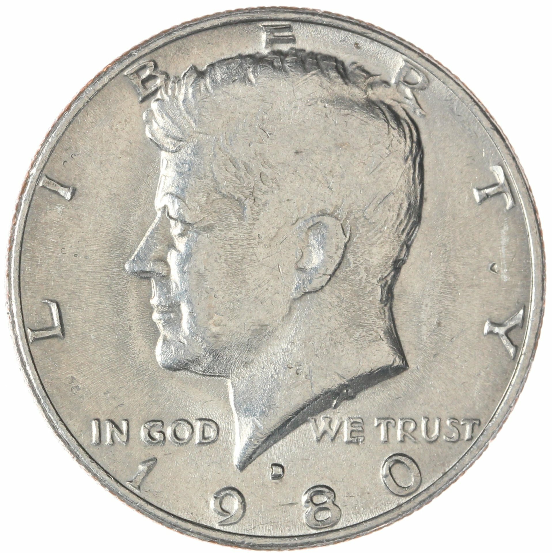 США 50 центов 1/2 доллара, half dollar 1980 D Kennedy Half Dollar Кеннеди знак монетного двора "D", Медь, в сохранности XF-AU