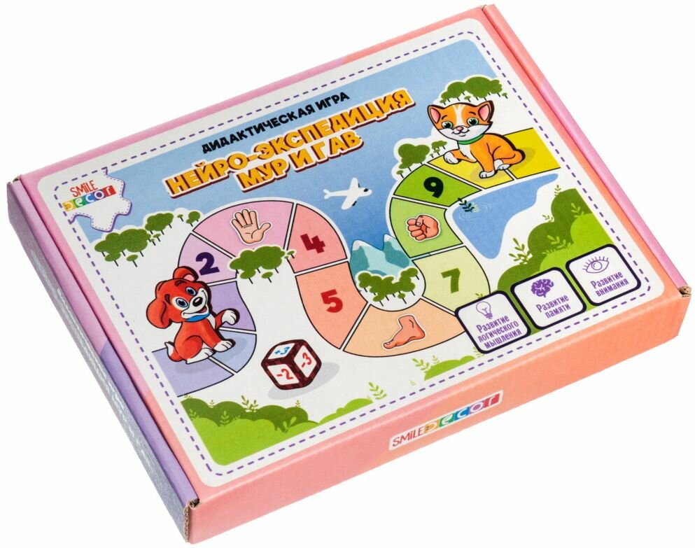 Дидактическая игра Smile Decor "Нейро-экспедиция Мур и Гав", деревянная настольная игра для детей с заданиями, артикуляционная и нейрогимнастика, учим счёт и цвета, развитие эмоционального интеллекта