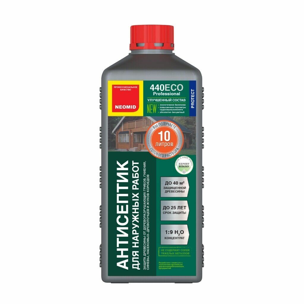 Антисептик Neomid 440 Eco для дерева концентрат 1:9, 1кг, бесцветная защитная пропитка от гниения и насекомых Неомид