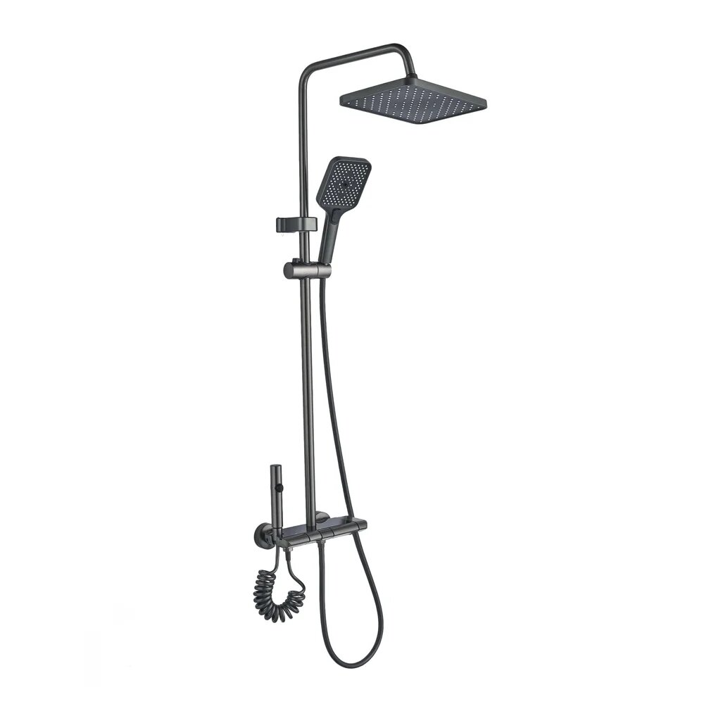 Душевая стойка Ceruttispa 11360 со смесителем, черная, серая, матовая, душевая система с тропическим душем, с изливом, с девиатором, с лейкой, рычаг сбоку