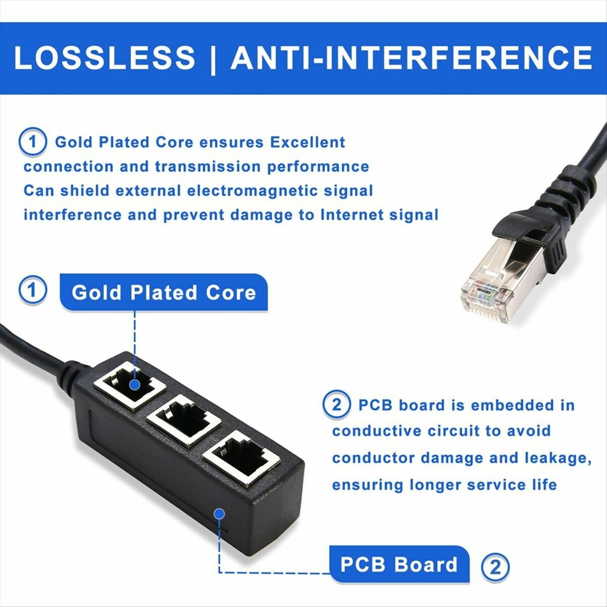 Разветвитель Ethernet RJ45, 1 штекер на 3 гнезда LAN, адаптер-разветвитель Ethernet, подходит для кабелей Cat5, Cat5e, Cat6 и Cat7.