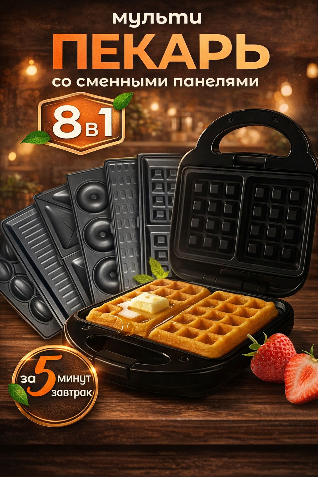 Мульти-пекарь со сменными панелями, корндоги, орехи, вафли 8в1