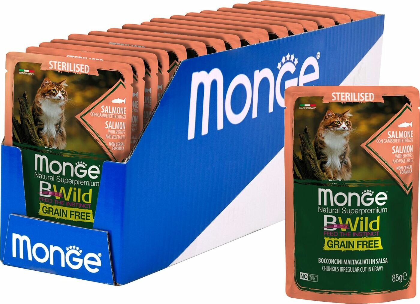 Влажный корм Monge Cat BWild Grain Free, из лосося с овощами, для стерилизованных кошек, 85 г х 28 шт