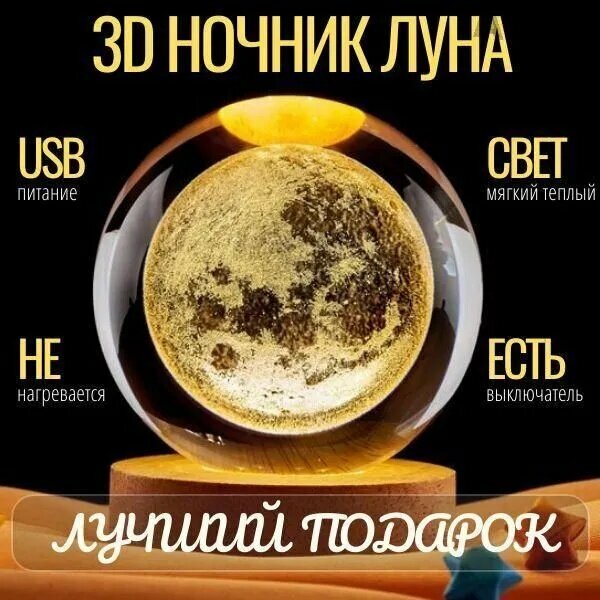 Ночник детский светодиодный стеклянный шар светильник сфера планета космос