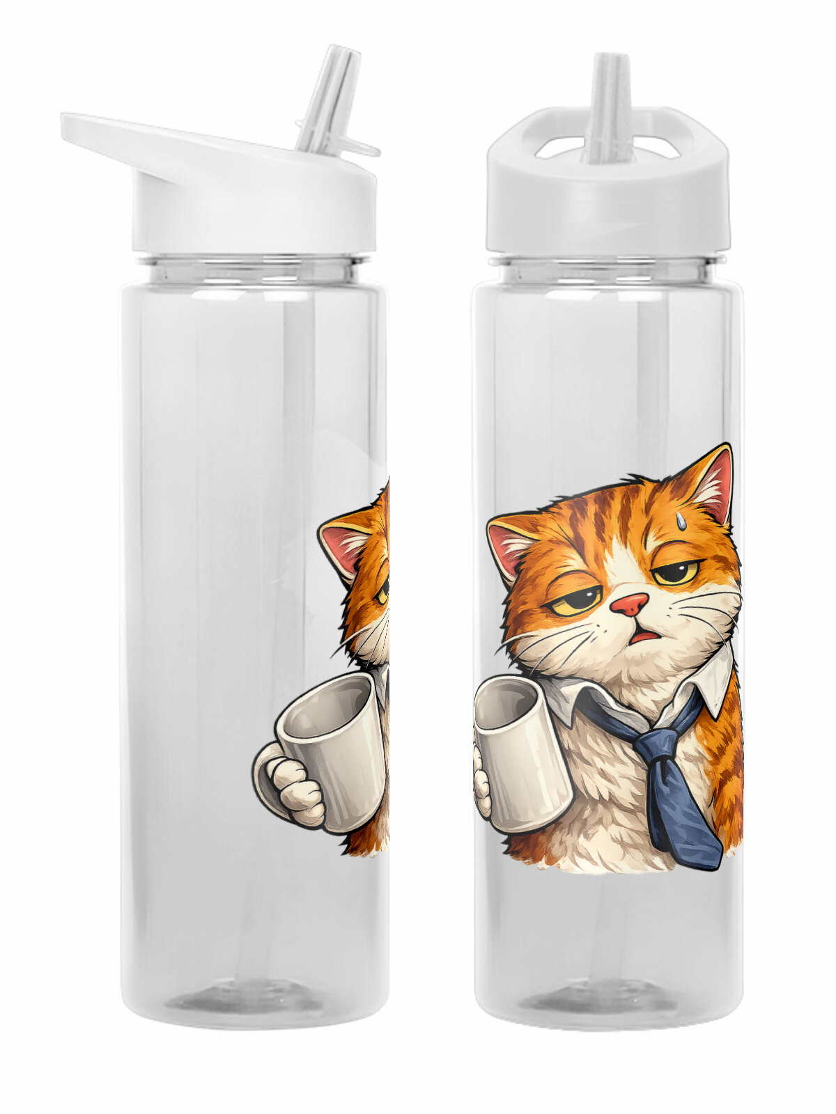 Бутылка белая для воды с принтом Кот в галстуке с пустой кружкой кофе