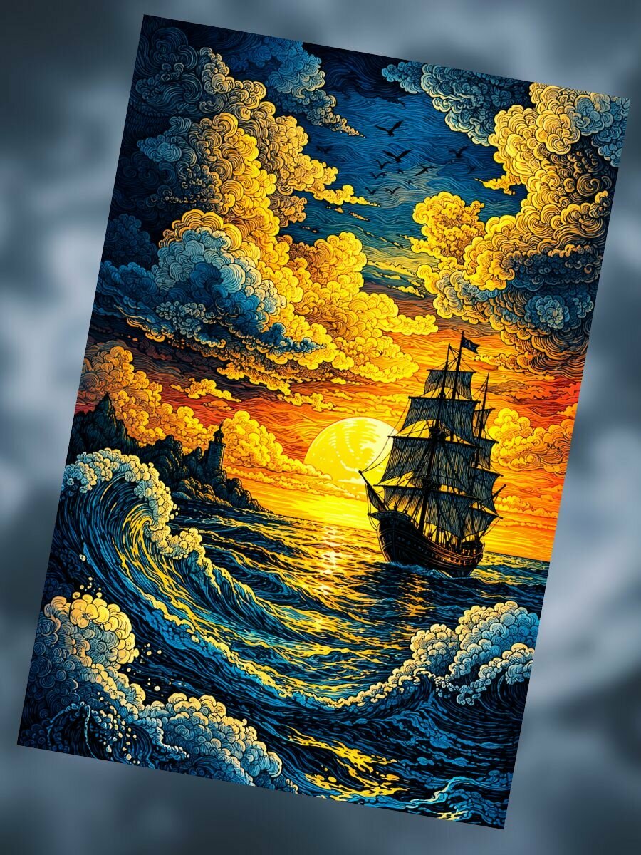 Постер "Фрегат в закате", 29.7х42см, А3, глянцевый