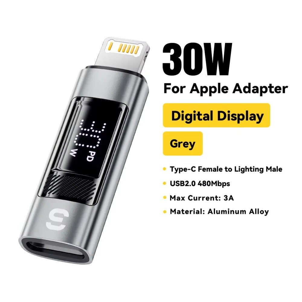 30W адаптер Type-C - Lightning, цифровой дисплей, серый