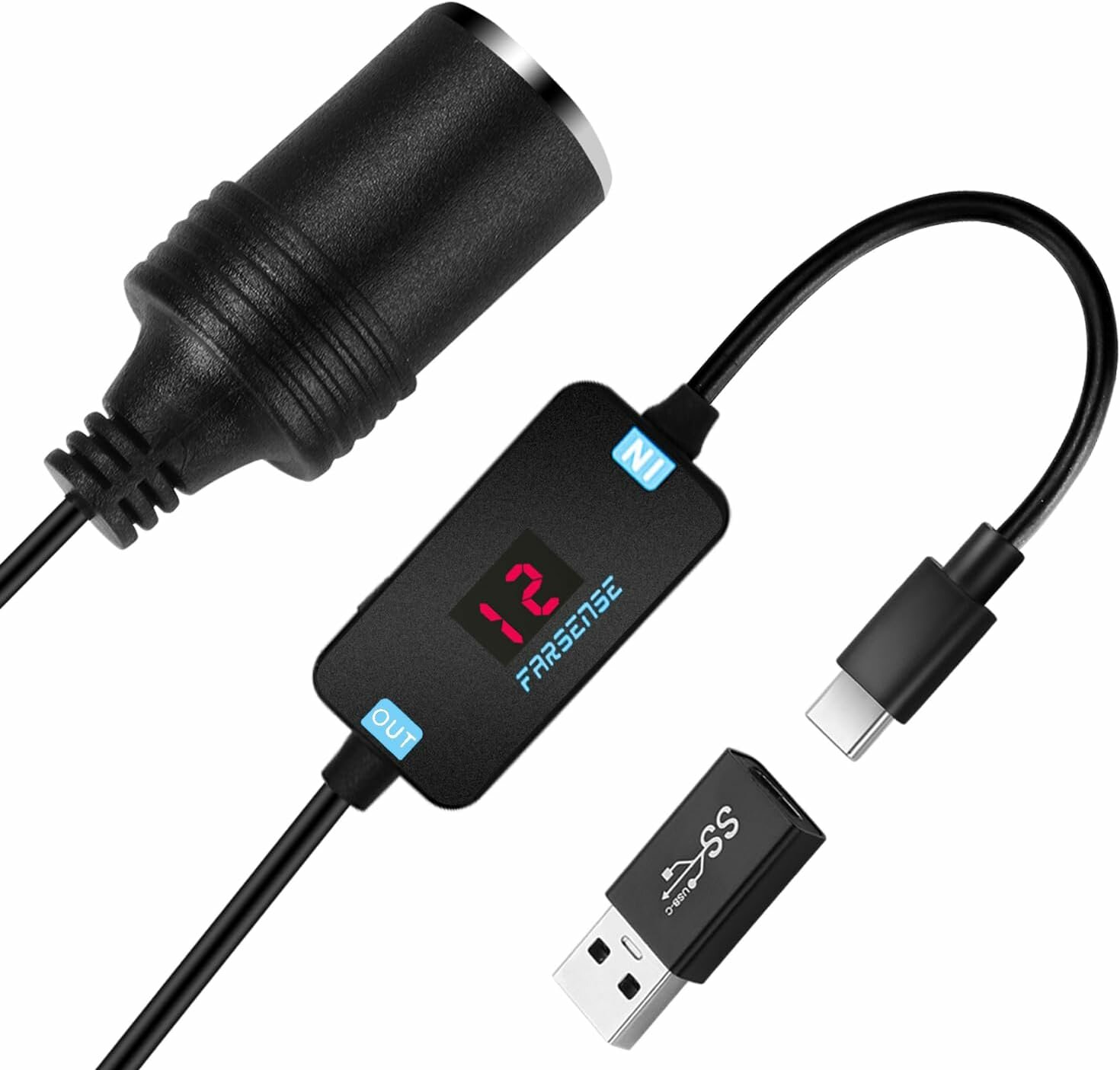 Адаптер прикуривателя USB A на 12 В (36 Вт) - USB C «папа» к розетке прикуривателя «мама» PD-триггерный кабель (2 фута) с напряжением переключения и напряжением дисплея, для видеорегистратора, GPS и т. д.