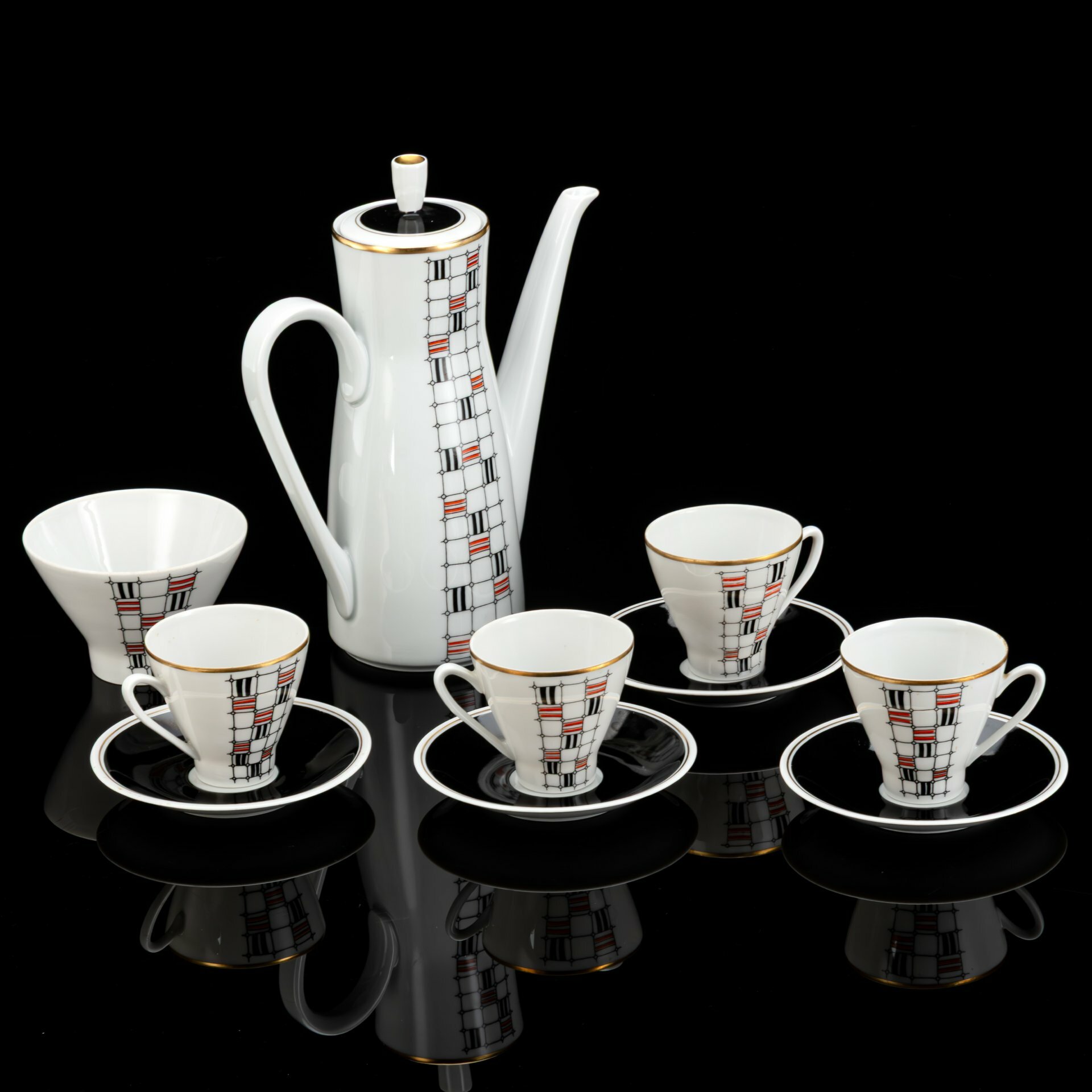 Сервиз кофейный с минималистичным орнаментом на 4 персоны (10 предметов), фарфор