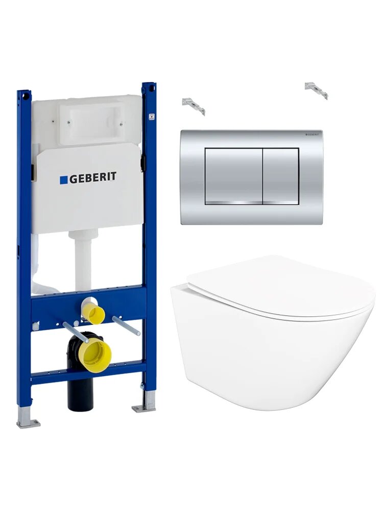 Комплект 4 в 1: Инсталляция Geberit Duofix Delta 458.163.21.2 / Унитаз подвесной STWORKI Левангер S07401WH безободковый, с микролифтом / Кнопка хром, Комплект креплений
