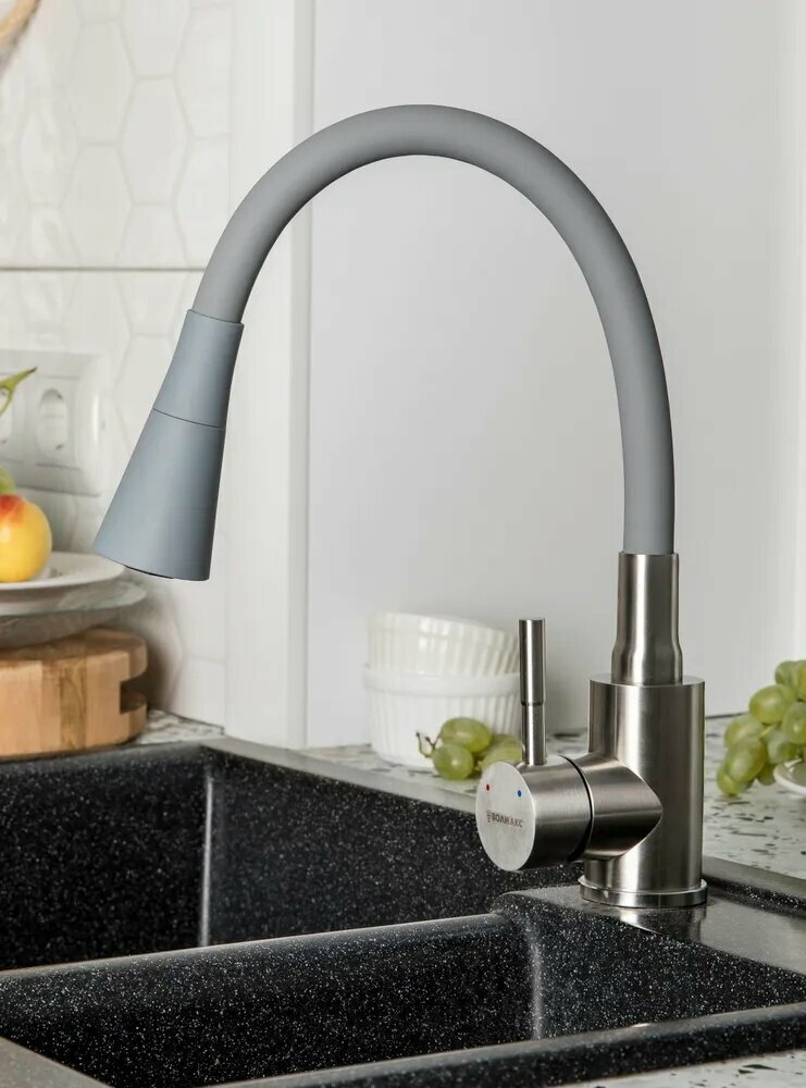 Смеситель для кухни с гибким изливом и аэратором, гибкий с душем, кран для раковины, мойки, без подводки, серый