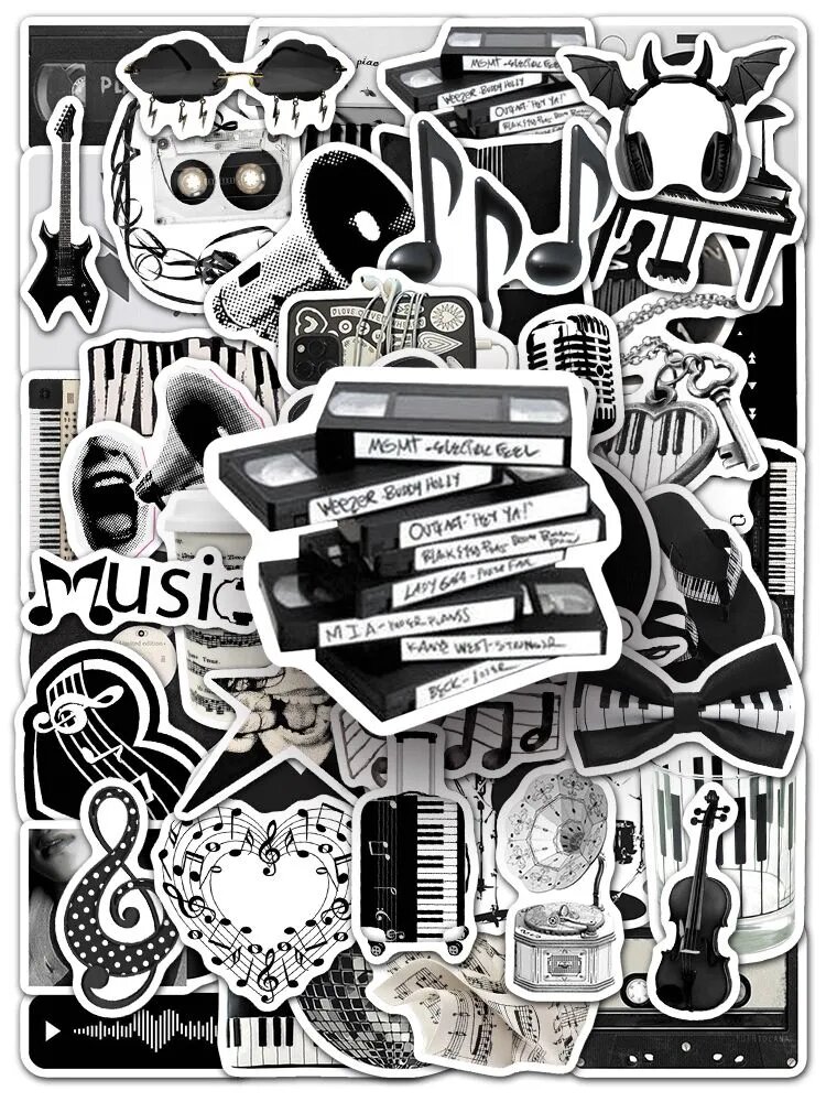 50 крутых наклеек на чёрно-белую музыкальную тему для украшения- веселые стикеры для детей и взрослых