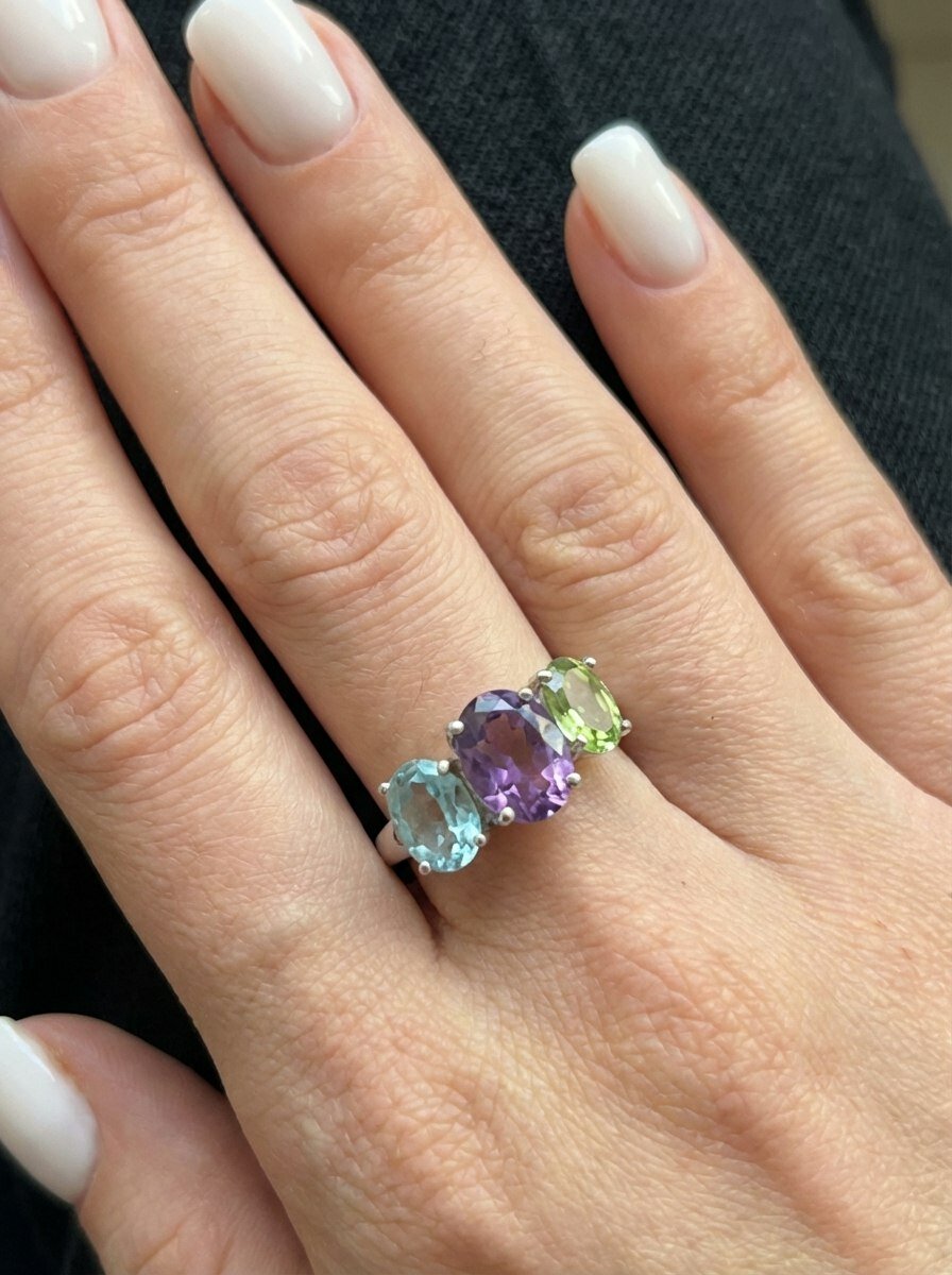 Кольцо дорожка, тонкое, серебро, 925 проба, родирование, аметист, топаз