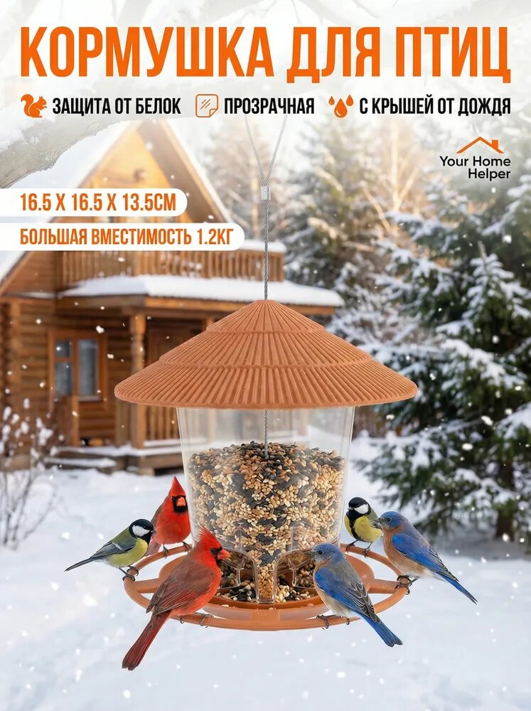 Кормушка для птиц уличная подвесная, 1.2 кг, прозрачная, пластиковая, шестигранная, с защитой от белок, для сада и дачи