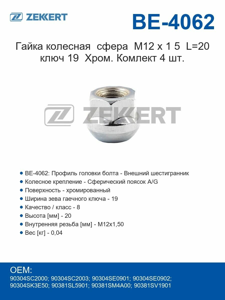 Zekkert Гайка колесная сфера M12 x 1,5 L 20 ключ 19 Хром. Комплект - 4 шт.