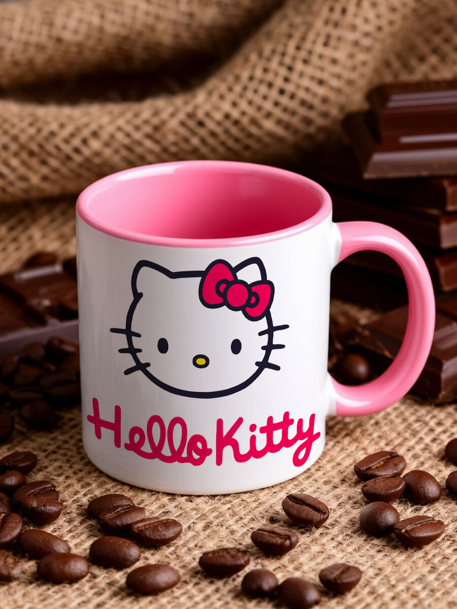 Кружка для чая и кофе "Hello Kitty", розовая, керамика, 330мл, для СВЧ