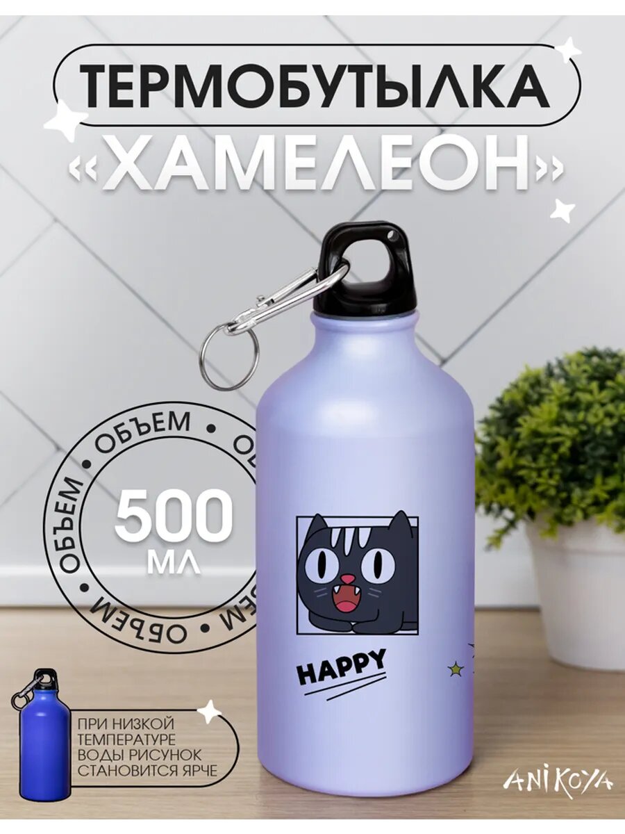 Спортивная бутылка хамелеон для воды котик