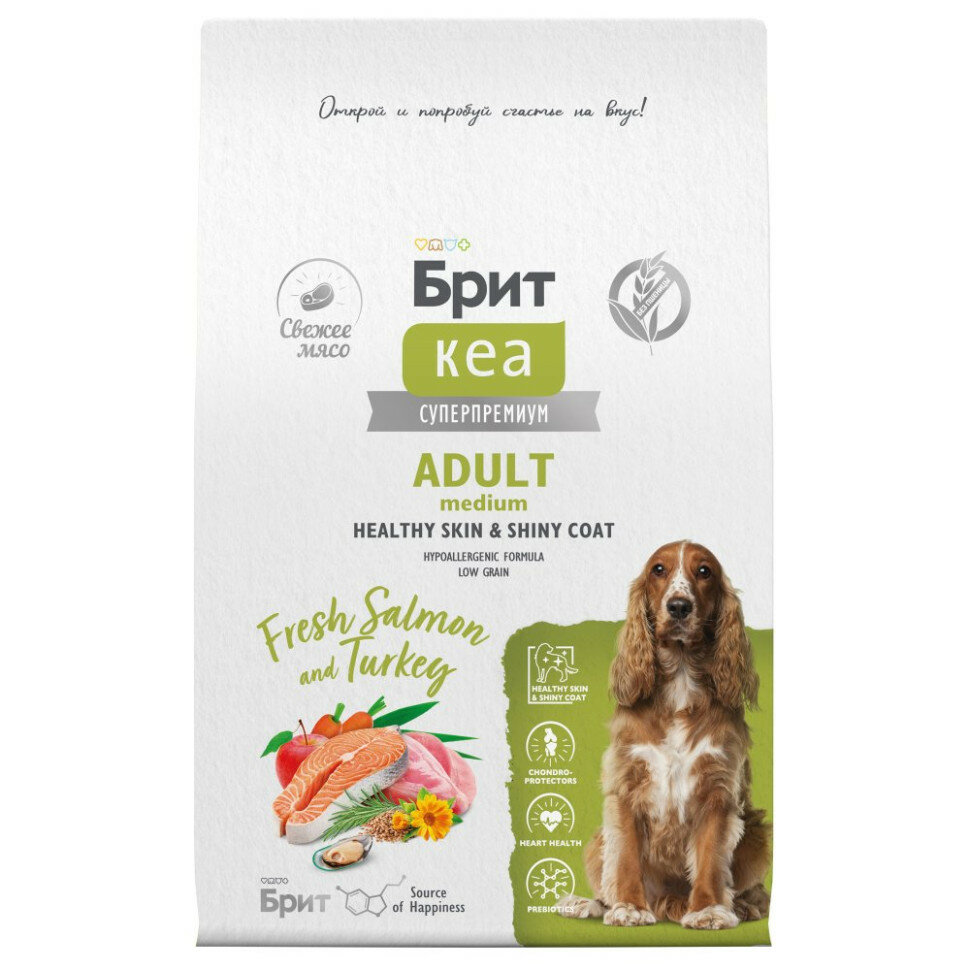 Брит Кеа Dog Adult M Healthy сухой корм для собак средних пород для кожи и шерсти, с лососем и индейкой - 12 кг
