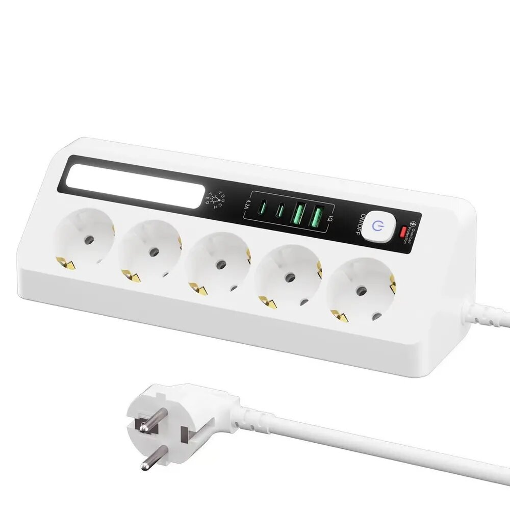 Удлинитель сетевой 2 м с заземлением, на 5 розеток с выключателем с 2 Type-C и 2 USB Сетевой фильтр с защитой от перенапряжения и ночником Для кухни, столешницы и мебели (2500W, 10A)