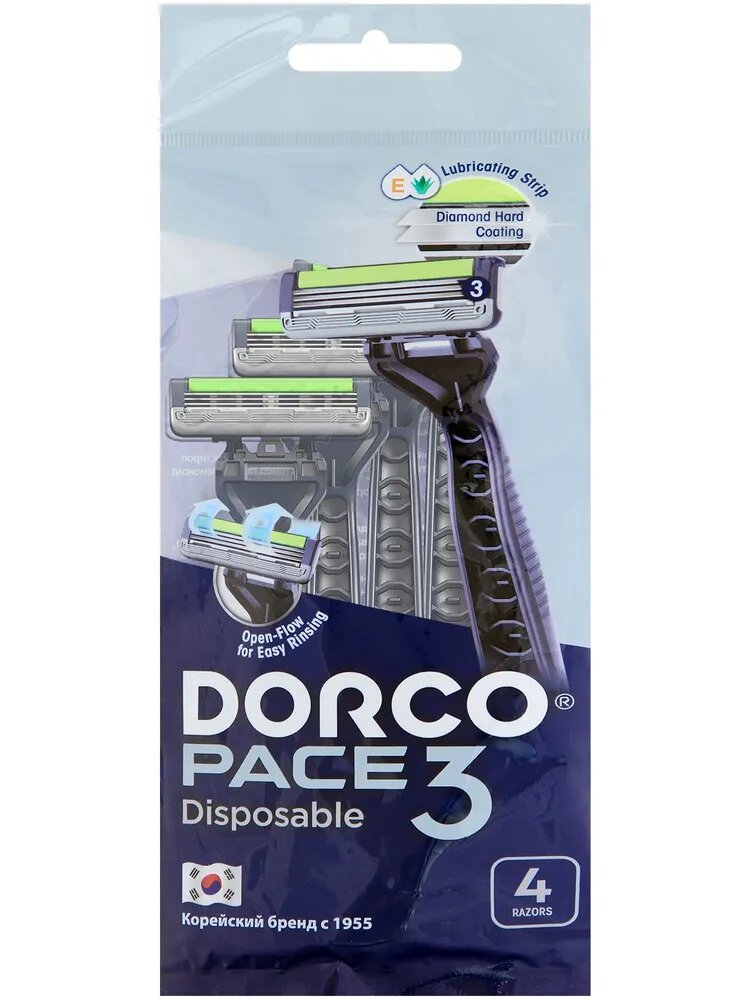 Dorco Бритвы одноразовые PACE3 (4 станка), 3 лезвия, плав. головка, увл. полоса