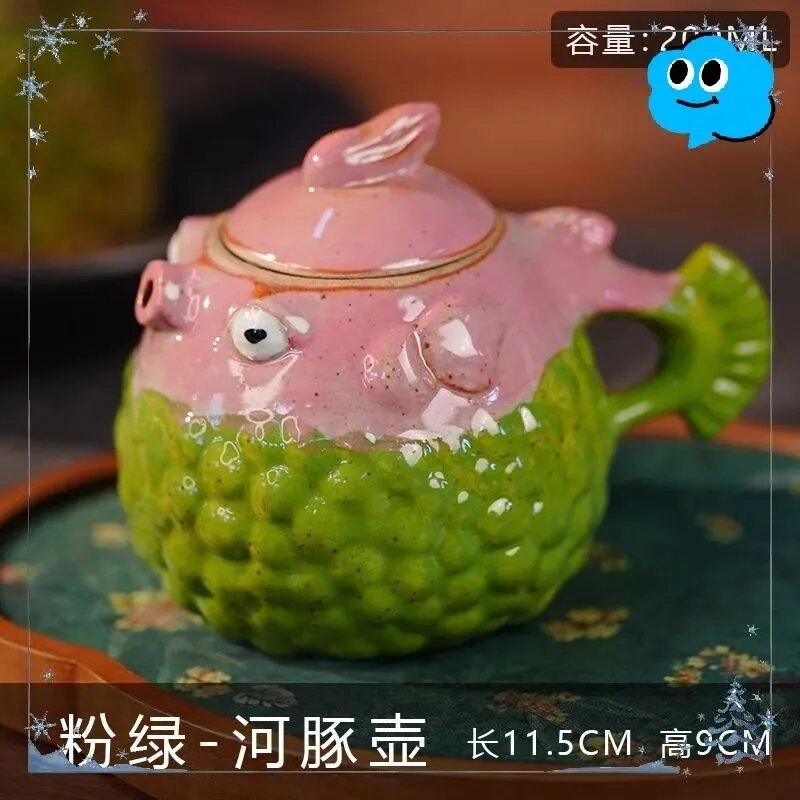 Чайник Керамический Фигурный Рыба Фугу Розово-Зеленый 200мл Ручная Работа Подарок Для Дома Кухни