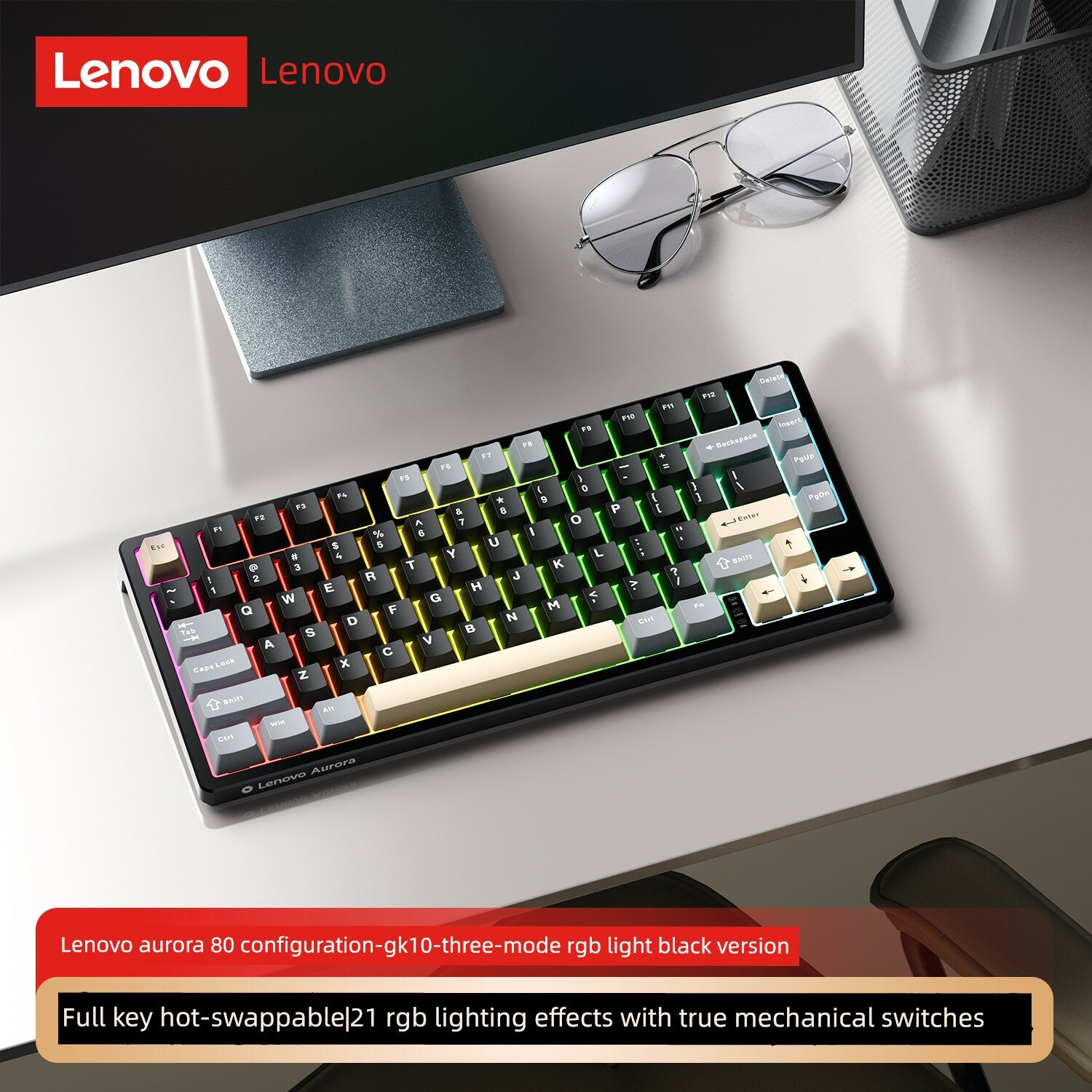 Lenovo Механическая игровая клавиатура с переключателем Cherry MX Blue, беспроводная 3-режимная