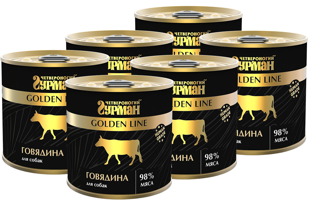 Корм влажный Четвероногий Гурман Golden Line для взрослых собак, говядина натуральная в желе, 240 г х 6 шт