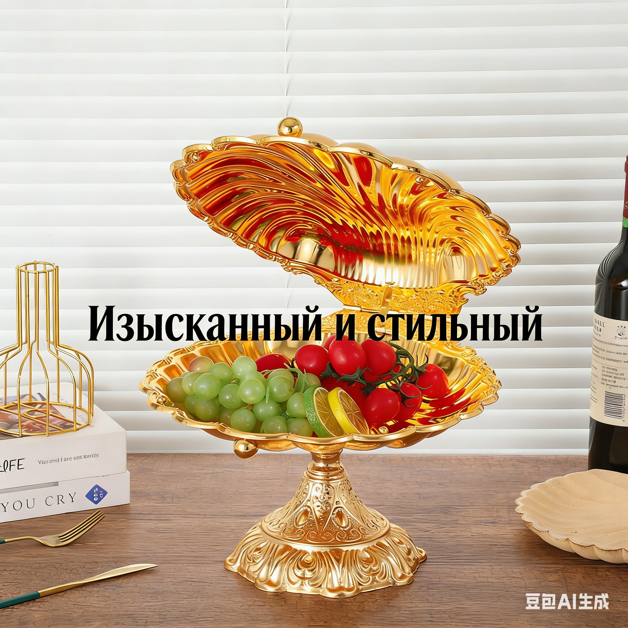 Креативная тарелка для фруктов в виде ракушки на высоких ножках, из сплава, высотой 21 см и диаметром 30 см