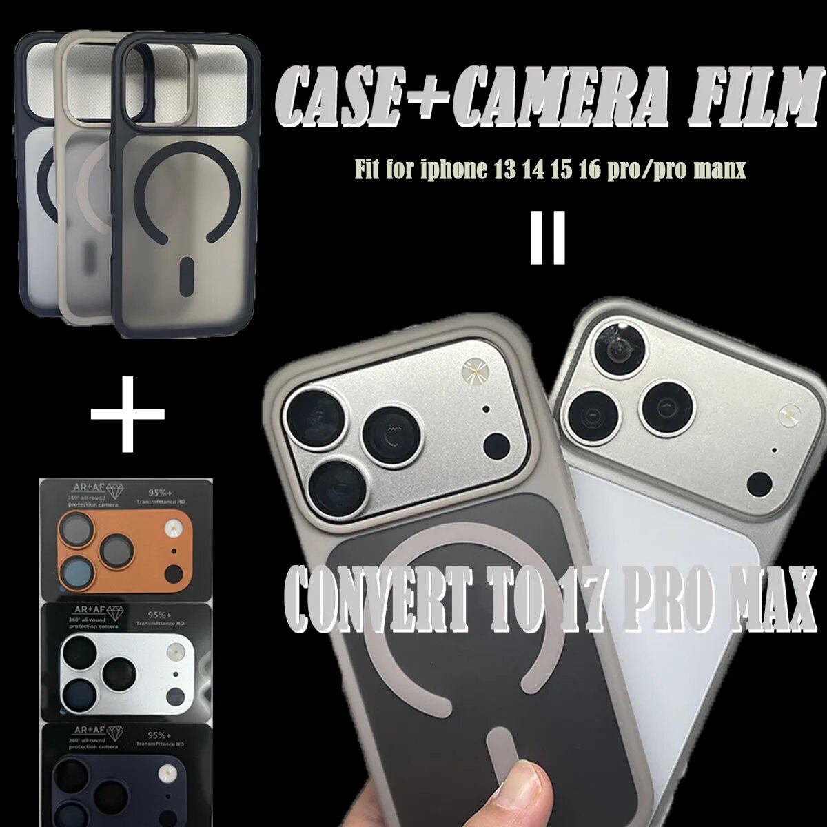 Чехол для iPhone 16 Pro Max 15 14 13, трансформирующийся в для айфона 15 Про, GREY CASE, SILVER FILM