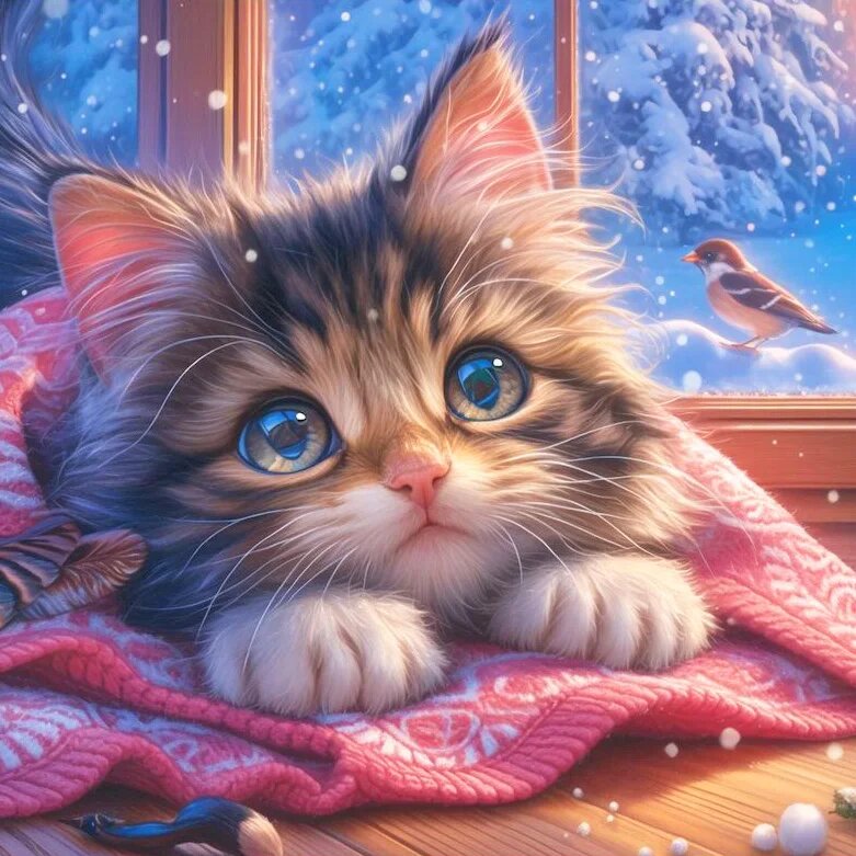 Алмазная живопись "Зимний пейзаж с котиком", 30x30 см, Full Square