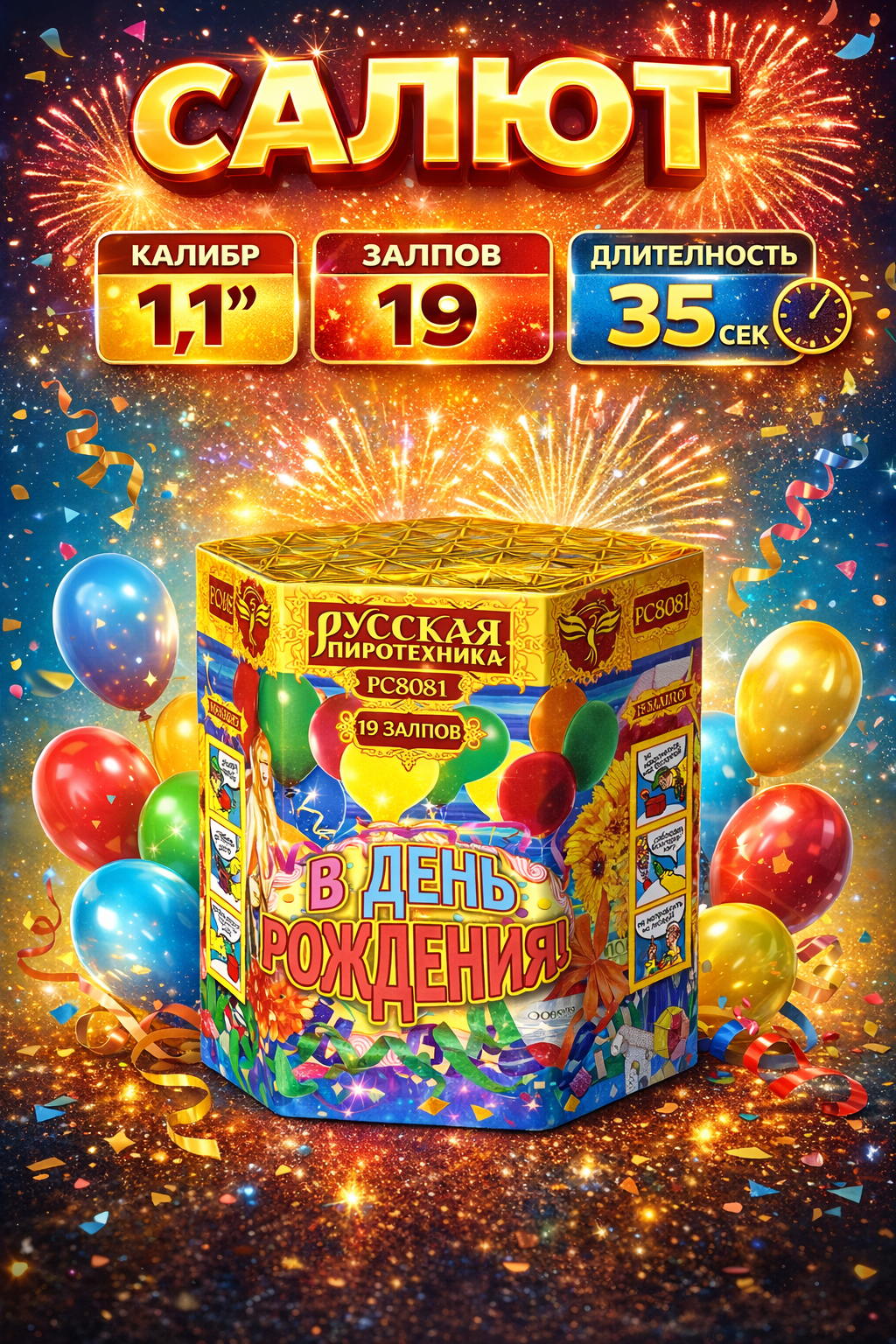 Салют 19 залпов "В День Рождения", фейерверк на праздник, калибр 1,1