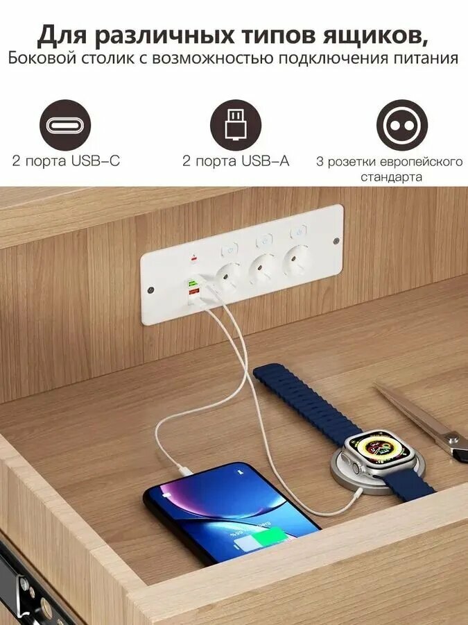 Удлинитель сетевой фильтр с USB 3 розеток и 2 USB, 2 type C, кабель 2м, с выключателем 3250 Вт c быстрой зарядкой Встраиваемый премиум-розеточный блок для escritorных столов белый BKL-E68