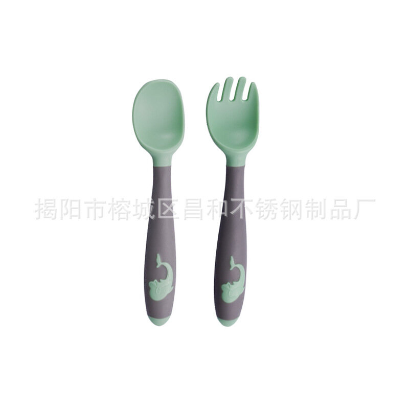 Зеленый комплект тренировочных ложки и вилки для малышей, эргономичная форма, 1 ложка + 1 вилка