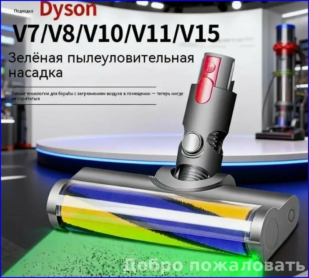 Турбощетка Laser Detect для пылесоса Dyson V7/V8/V10/V11/V15. Щетка насадка с лазерной зеленой подсветкой и мягким валиком. Для уборки твердых полов : ламинат, плитка, паркет.