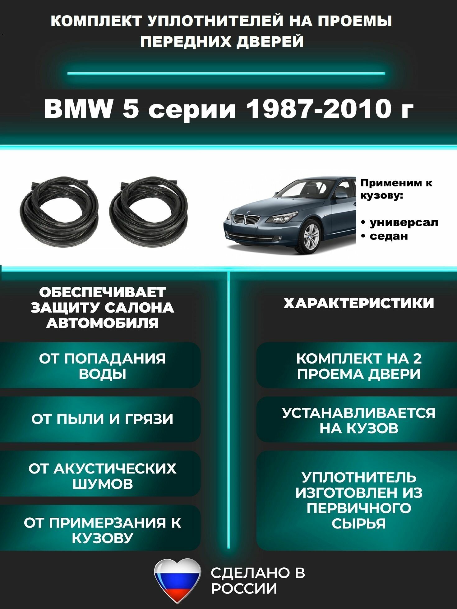 Комплект уплотнителей проема передних дверей, подходит на BMW 5 серии 1987-2010 г кузов Е34, Е39, Е60/E61 / БМВ 5 - 2 шт