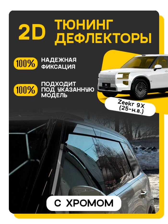 Плоские тюнинг дефлекторы с хромом для окон Zeekr 9X (2025-2026) 1 поколение / Ветровики на Зикр 9Х. Комплект 6 шт.