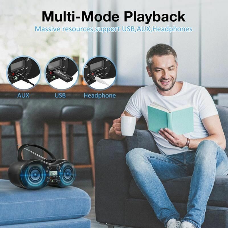 Портативный CD - плеер Boombox с FM - радио, портами Bluetooth и USB, стерео с пультом дистанционного управления, вспомогательным входом 3,5 мм и разъемом для наушников.
