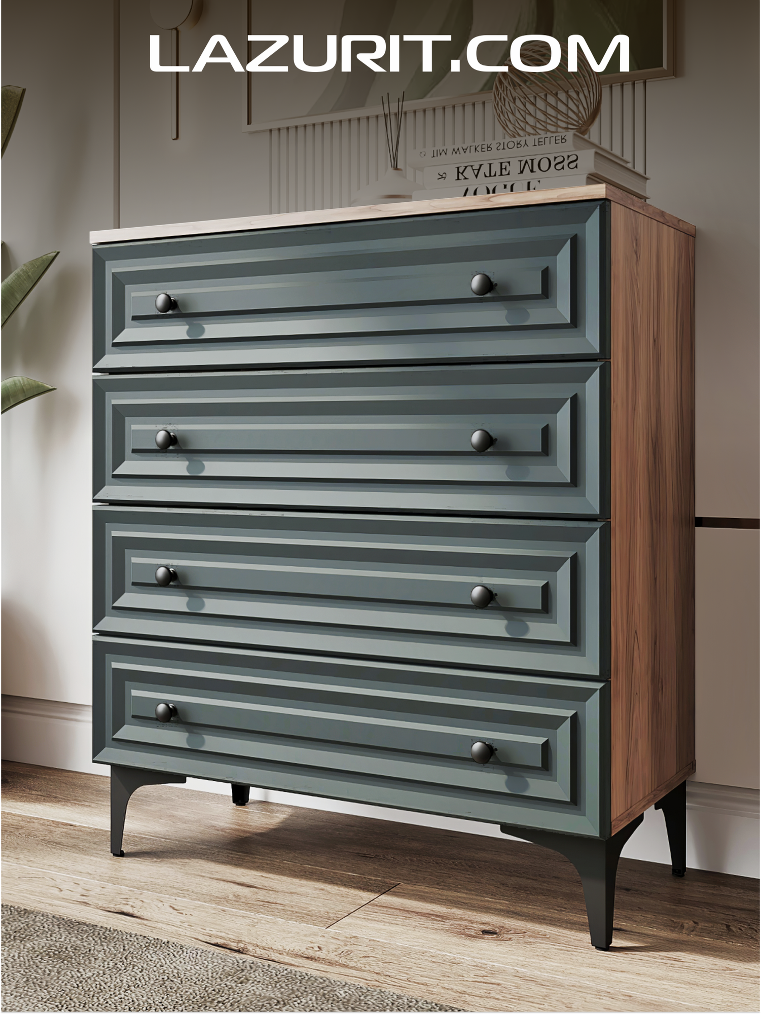 Комод для одежды большой с ящиками зеленый Lazurit Artnuvo под телевизор на ножках высокий узкий ретро 75х87 в прихожую