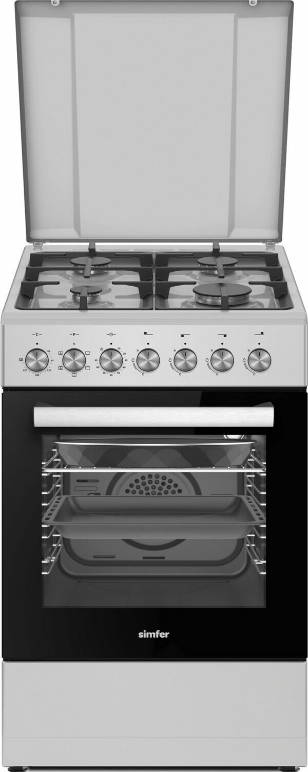 Газовая плита Simfer F56MG46015 серый, 60 см, электродуховка с конвекцией, чугунные решётки