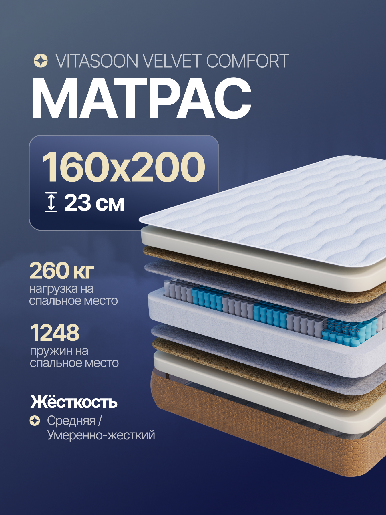 Матрас 160x200 пружинный высота 23 см Vitasoon Velvet Comfort
