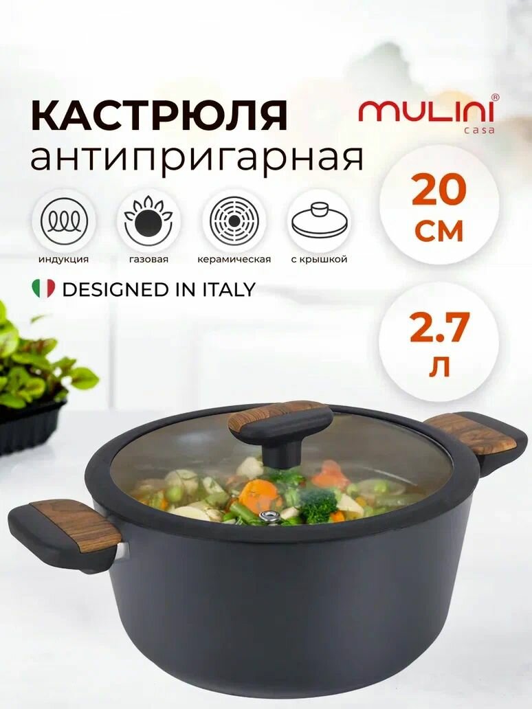 Кастрюля с крышкой 2.7 л Foresta, алюминиевая, антипригарное покрытие, для индукционных и всех видов плит, чёрная